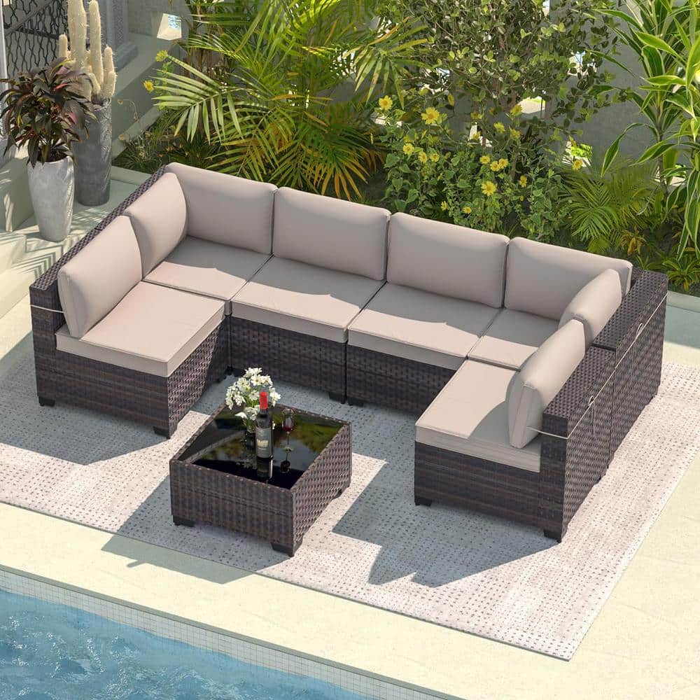 Halmuz 7-Piece Brown Wide Wicker Outdoor Sectional Set with Coffee ...
