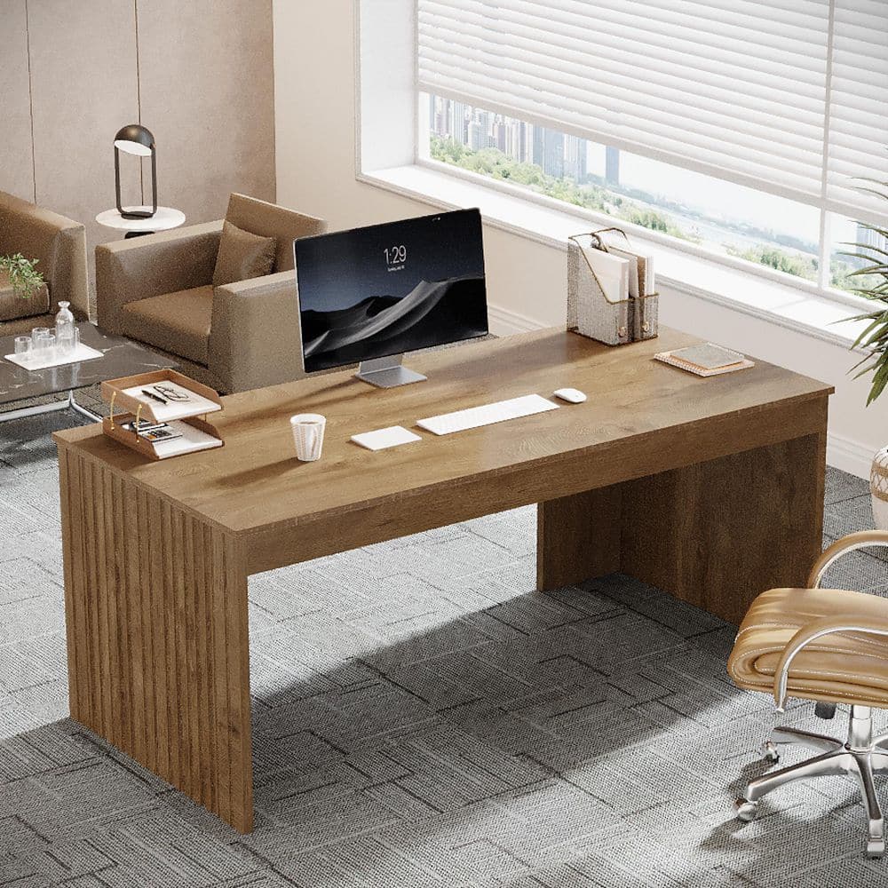 BYBLIGHT 63 in. Brown Rectangle Wood Computer Desk with Storage, Large ...