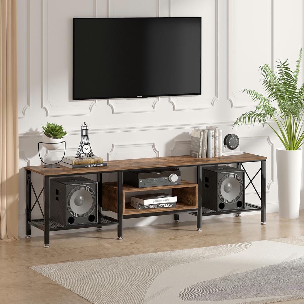 VECELO Industrial TV Stand Television Cabinet 3-Tier Console with Open ...