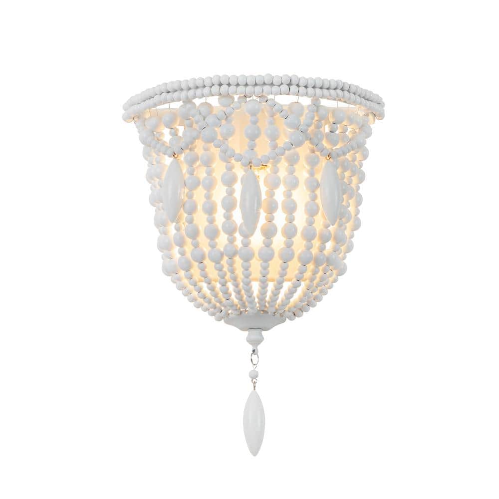 RRTYO Dehon 1-Light White Wall Sconce with Wooden Beads Shade ...