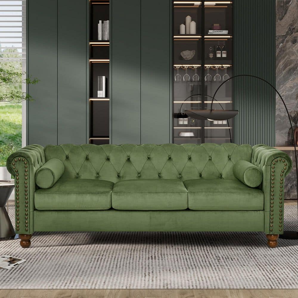 Noble House Keith 80.31 in. Rolled Arm Fabric Upholstered Rectangle Large Sofa in. Green 144766 ...