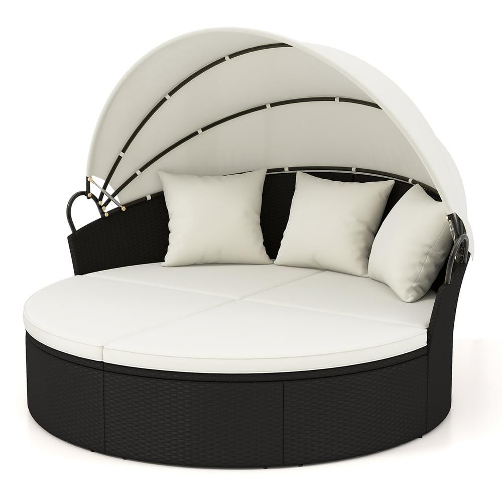 Gymax Patio Round Daybed Wicker Outdoor Daybed with Retractable Canopy ...