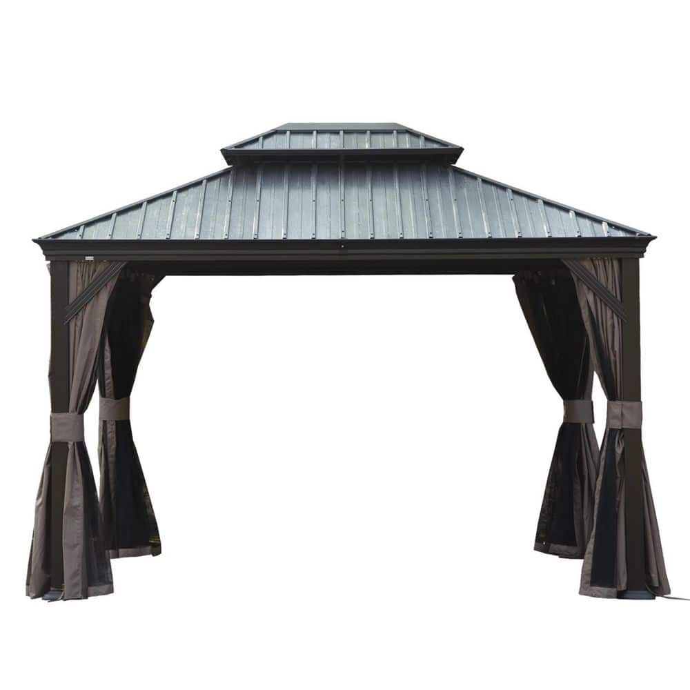 VAMOP 12 ft. x 14 ft. Brown Outdoor Hardtop Gazebo with Dual-Layer ...