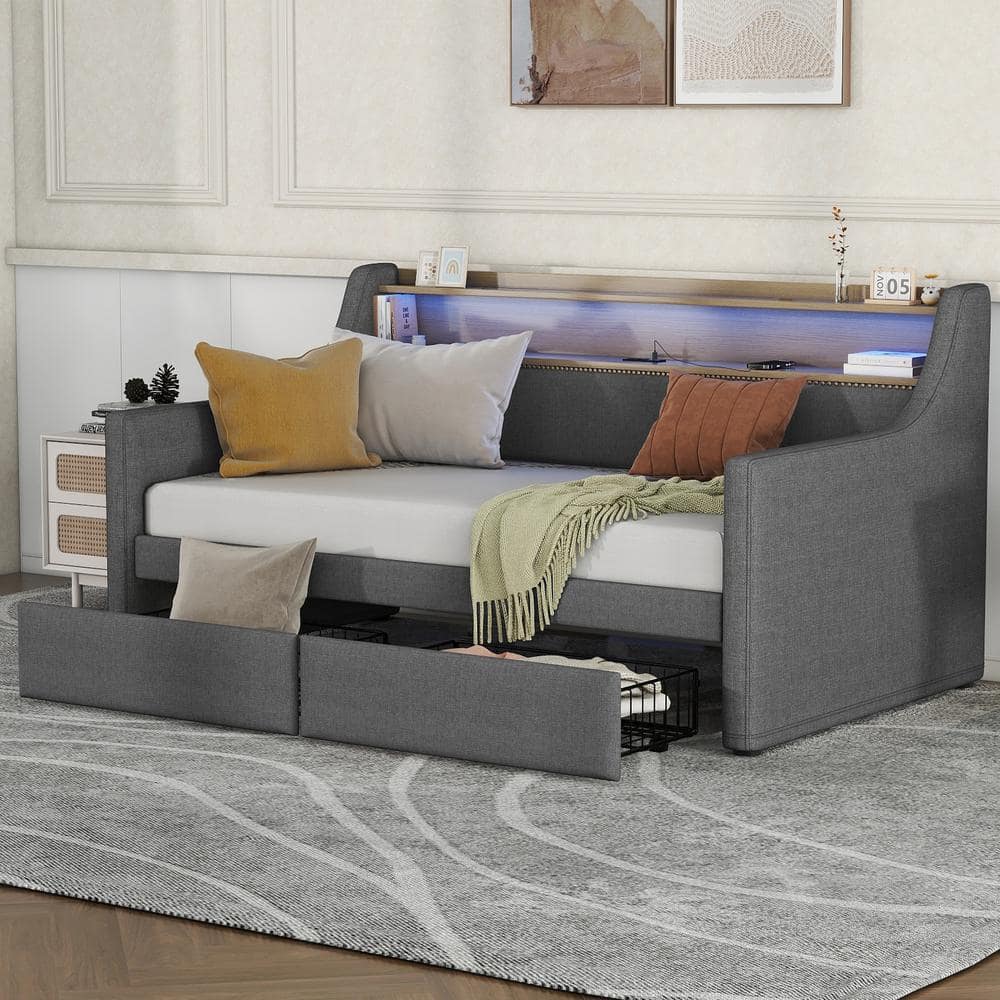 Nestfair Gray Twin Linen Fabric Daybed with Drawers Charging Station ...