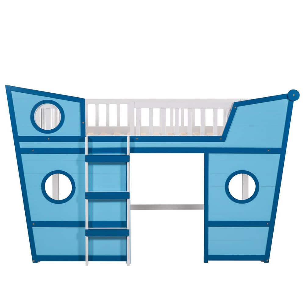 URTR Blue Twin Size Boat Shape Loft Bed with Ladder and Guardrail, Boat ...