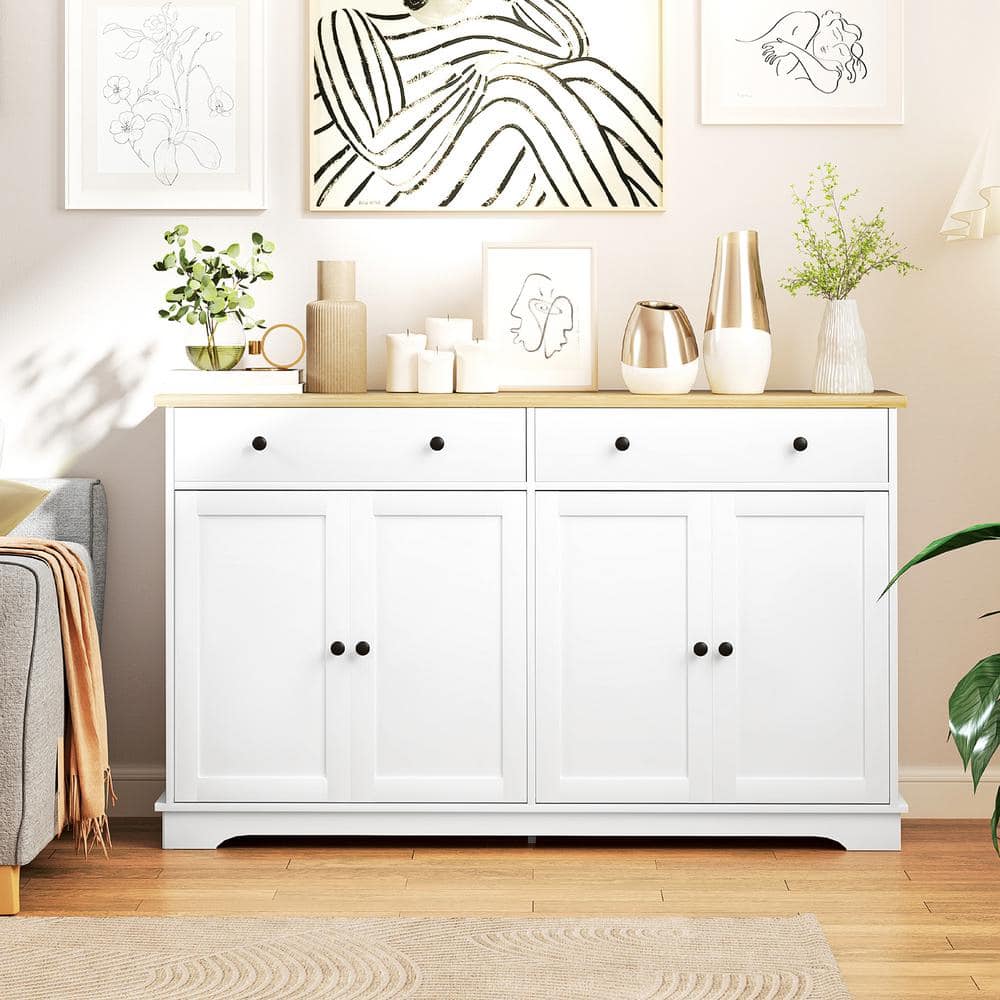 HOMCOM White MDF 55.1 in. Sideboard Storage Cabinet with Shelves and ...