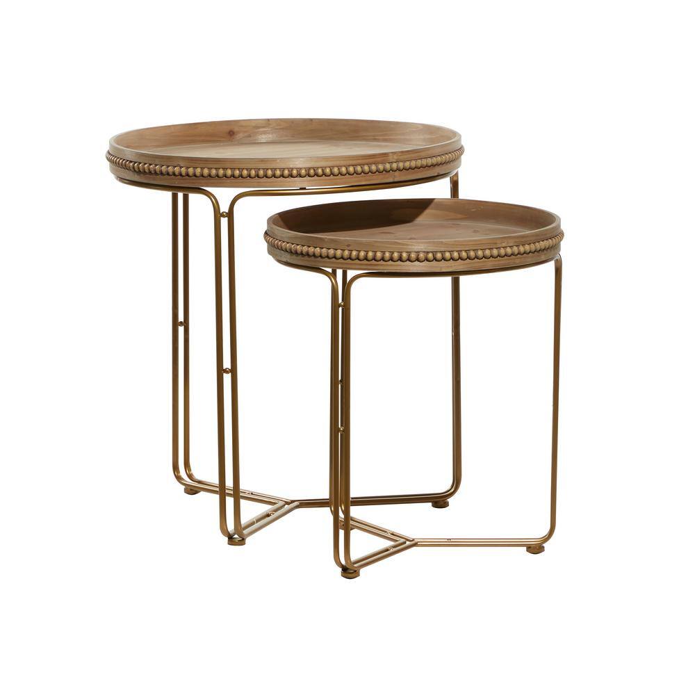 Litton Lane 24 in. Brown Beaded Nesting Large Round Wood End Accent ...