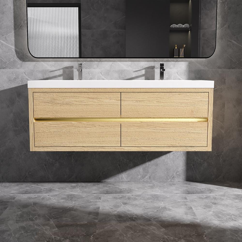 Opvande 60 in. Wall-Mounted Floating Bath Vanity in Natural Oak with ...