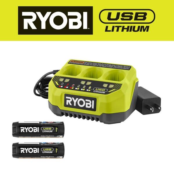 RYOBI USB Lithium Starter Kit with (2) 2.0 Ah Batteries and 3-Port ...
