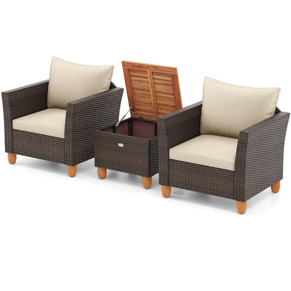 ANGELES HOME 3-Piece Wicker Patio Conversation Set with Beige Cushions ...