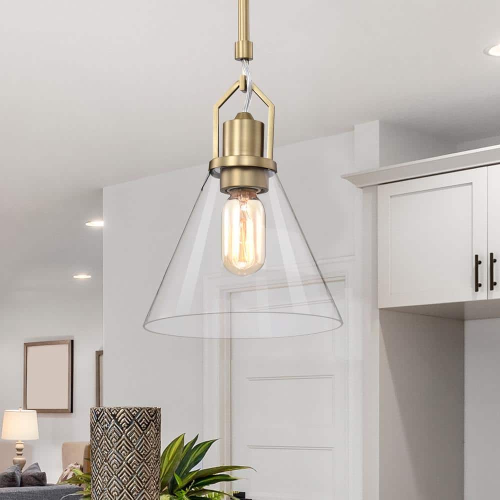 Edvivi Aria 8 in. 1-Light Vintage Brass Modern Mini Pendant with Clear Cone Glass Shade ...