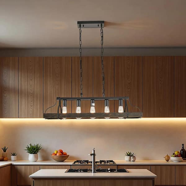 MODERN HABITAT 34 in. 5-Light Cage Dark Walnut Rustic Linear Pendant ...