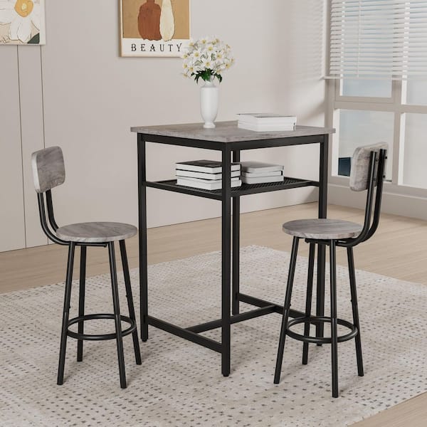 3-Piece 36 in. H Gray MDF Square Bar Table Set Dining Table Mesh Shelf ...