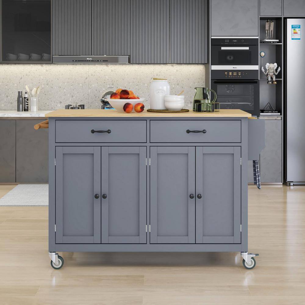 FAMYYT Rolling Gray Rubber Wood Desktop 54 in. Kitchen Island with ...