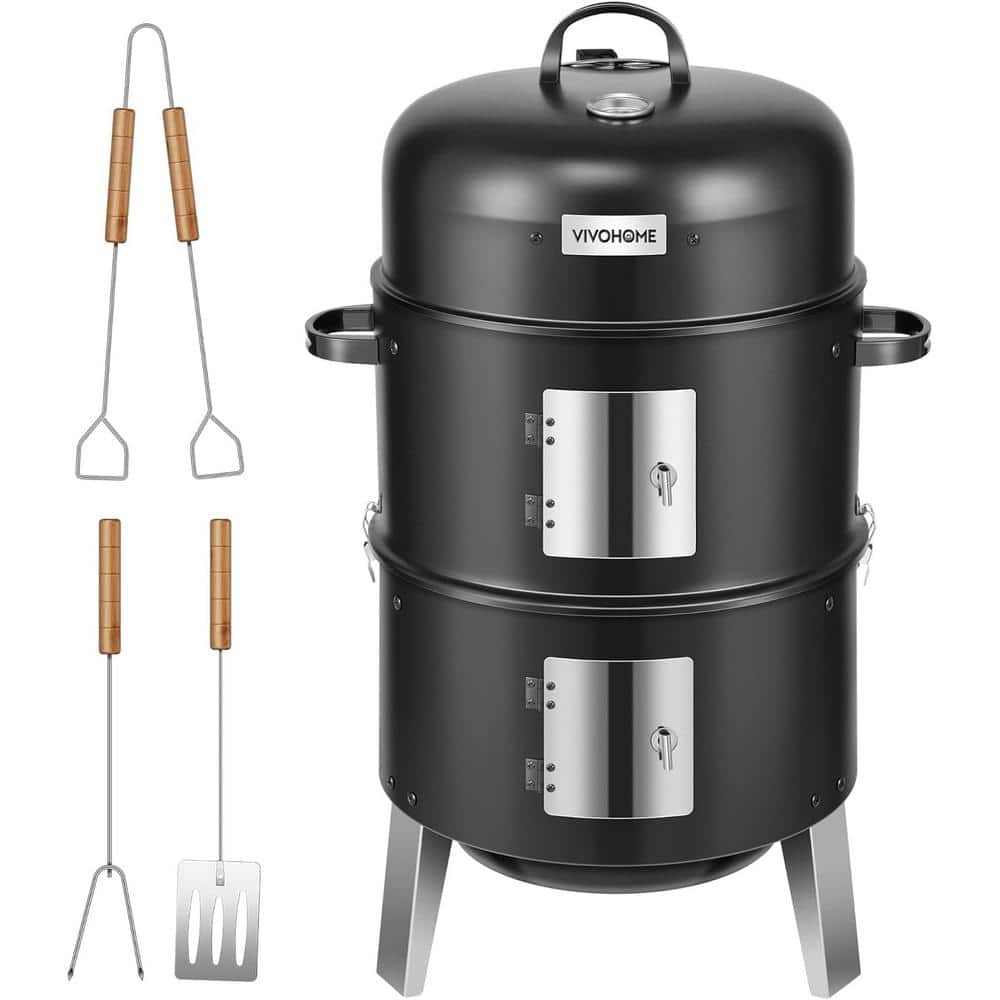 VIVOHOME 3-in-1 Vertical BBQ Charcoal Smoker in Black with Built-In ...