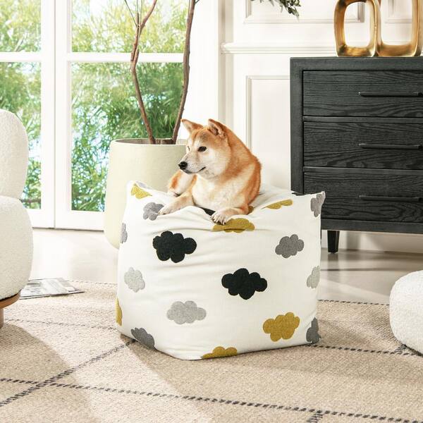Pouf 20 in. Luxury Polyester Oversized Bean Bag Cube Ottoman in Cumulus Cream White Embroidery