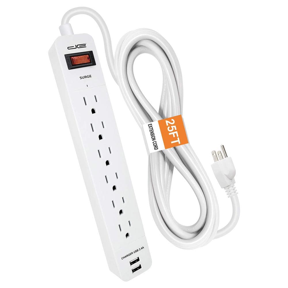 Digital Energy 25 ft. 6-Outlet Power Strip Surge Protector with 2 USB ...