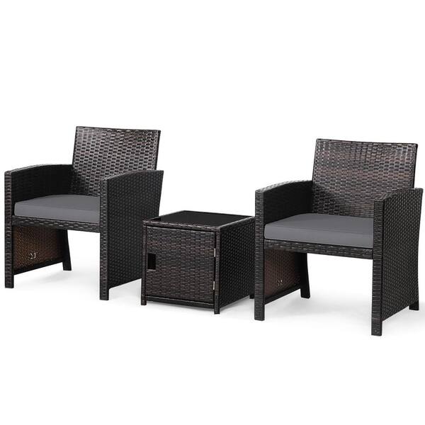 Costway 3 Pieces Patio Wicker Furniture Set with Storage Table and Protective Cover Gray
