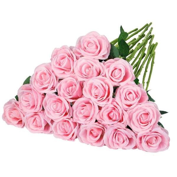 17.7 in. 20 -Piece Pink Indoor Artificial Roses Silk Flowers for ...