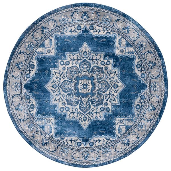 SAFAVIEH Brentwood 7 ft. x 7 ft. Ivory/Navy Ornate Medallion Round Area ...