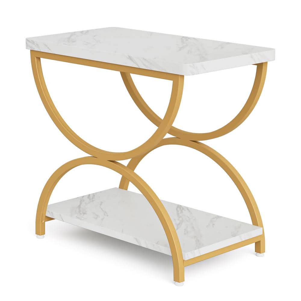 BYBLIGHT Kerlin 23 in. White&Gold Rectangular Wood End Side Accent Table Sofa Side Table with 2 ...
