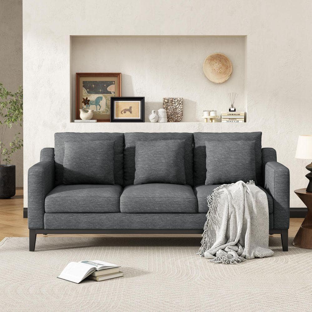 Qualler 80.5 in. Square Arm Polyester Rectangle Comfy Sofa in Charcoal ...