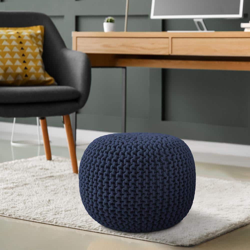 Casafield Navy Blue Knit Cotton Round 20 in. x 20 in. x 14.5 in. Pouf ...