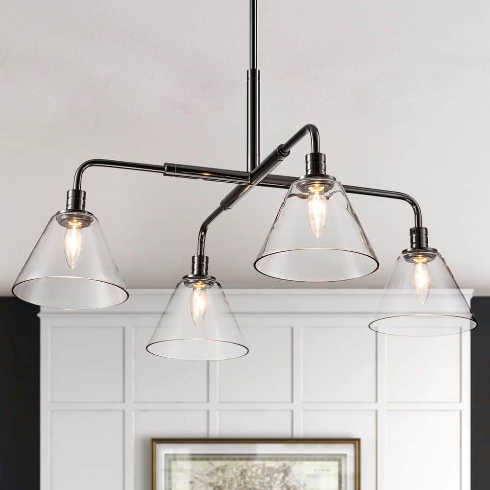 RRTYO Bertan 4-Light Modern Black Linear Sputnik Cone Clear Glass ...