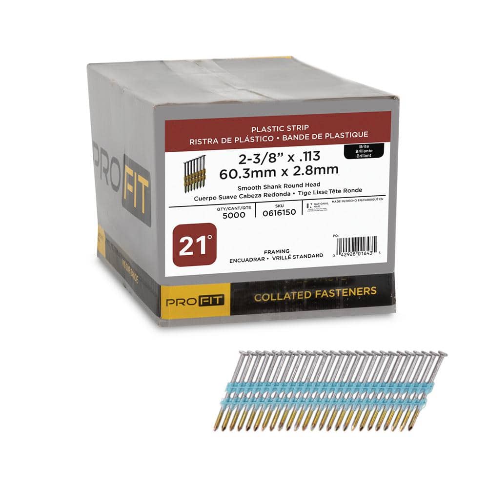 PRO-FIT 2-3/8 in. x 0.113 21-Degree Bright Finish Smooth Shank Plastic Strip Framing Nails (5000 ...