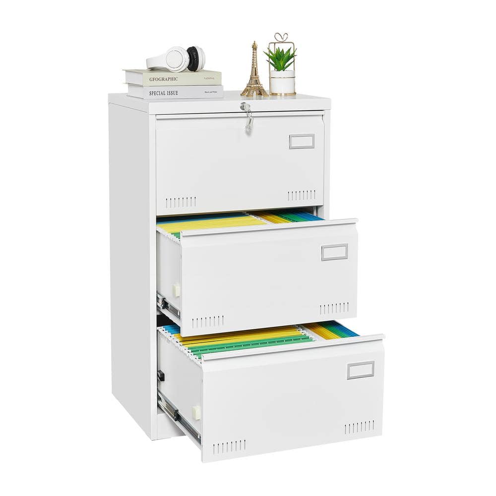 3-Drawer White 24 in. H x 40 in. W x 17.7 in. D Metal Mobile File ...