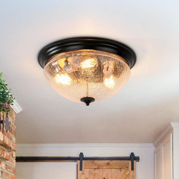 HUOKU Seta 3-Light 16.7 in.W Stain Black Vintage Dome Flush Mount Bowl Ceiling Light with ...