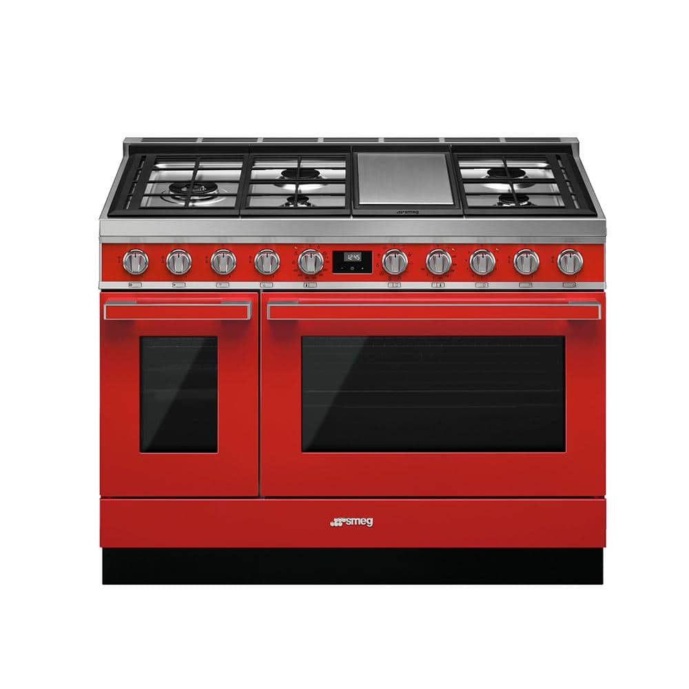 smeg Portofino Series 48" Range. Duel Fuel w/Aux Oven. Red CPF48UGMR ...