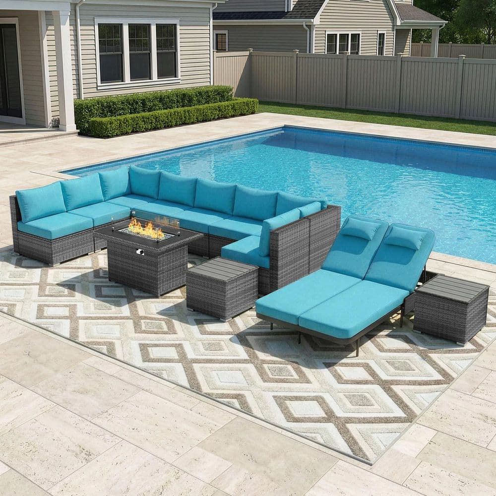FINCATI 12-Piece PE Wicker Patio Conversation Set with Fire Pit Table ...