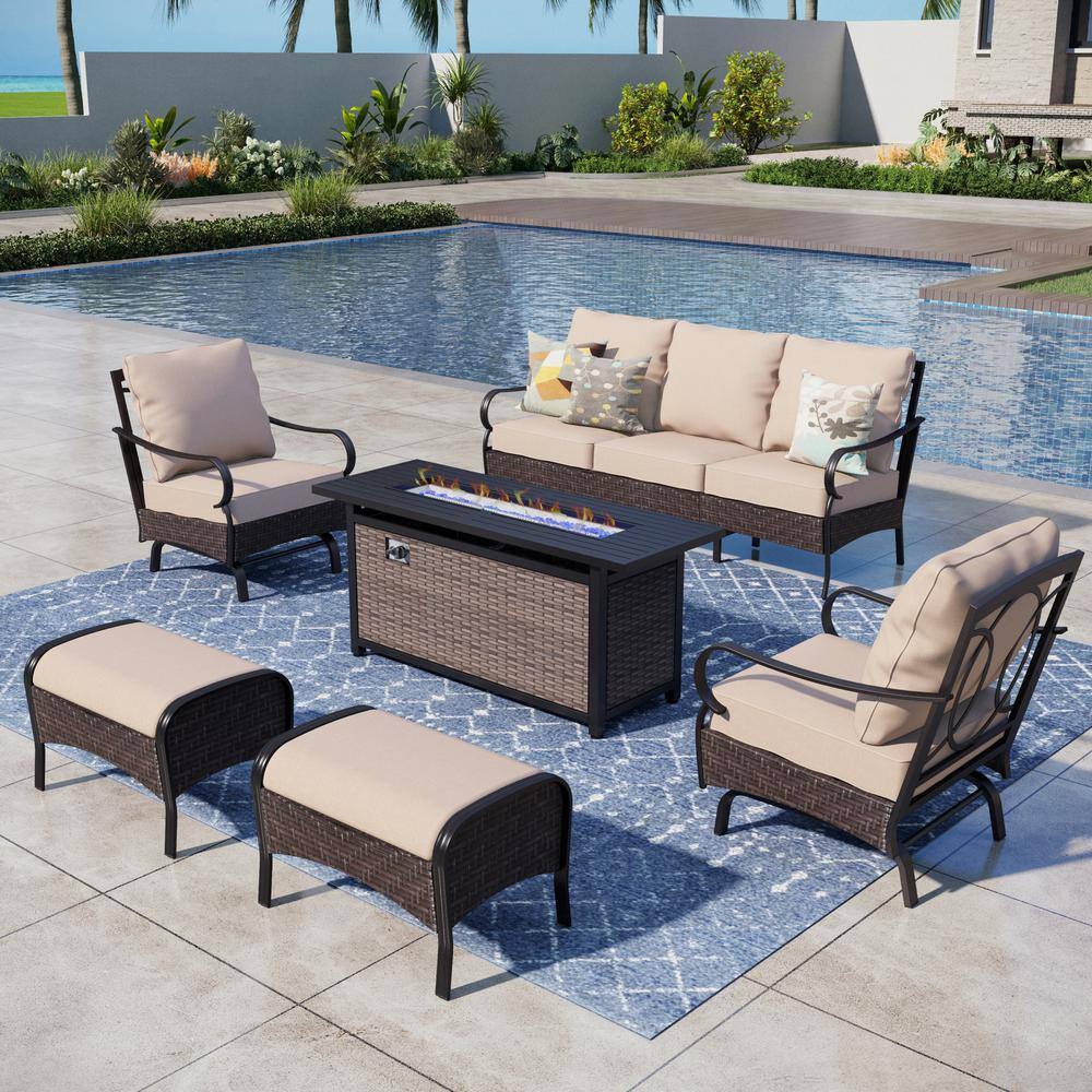 PHI VILLA Metal Frame Dark Brown Rattan 6-Piece Steel Outdoor Fire Pit ...