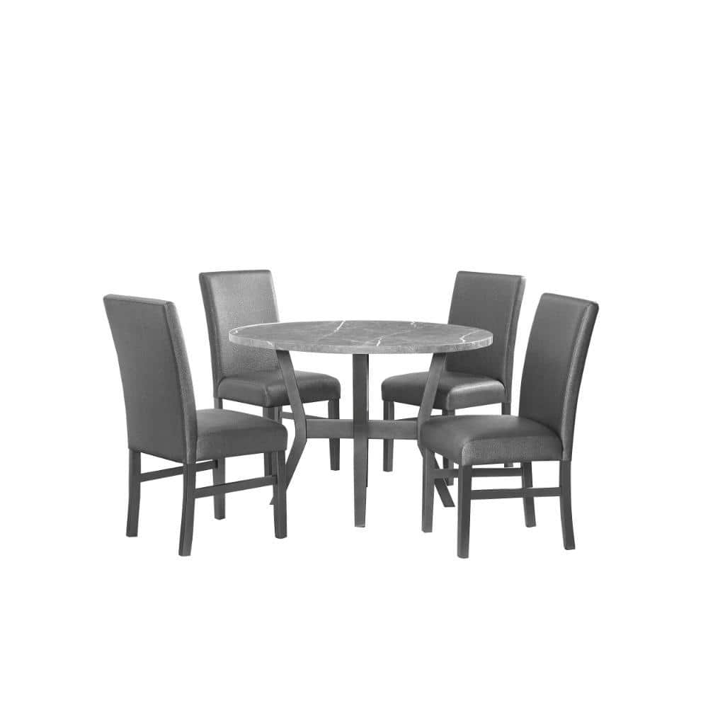 Benjara 5-Piece Round Glitter Gray Wood Top Dining Table Set (Seats 4 ...