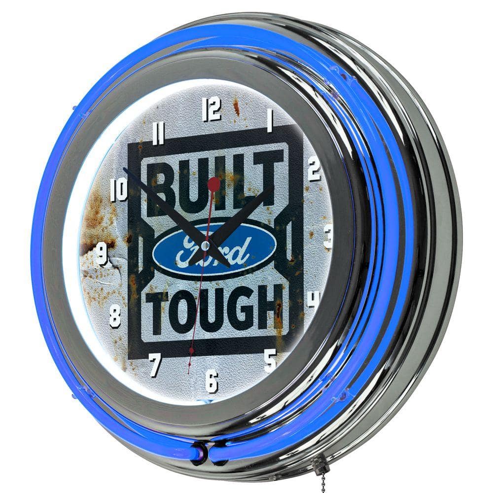 Ford 3 in. x 14 in. Built Tough Chrome Double Rung Neon Wall Clock ...