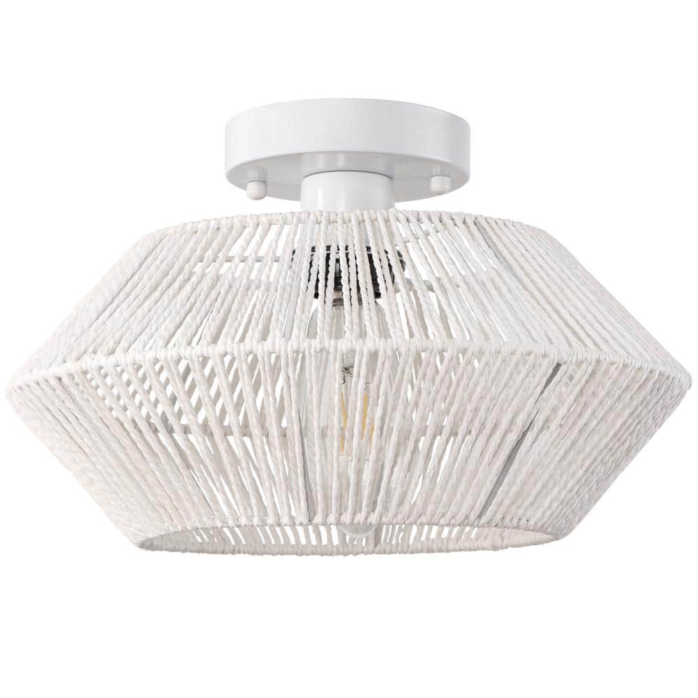12.79 in. 1-Light White Canopy Bohemian Rattan Semi Flush Mount Ceiling ...