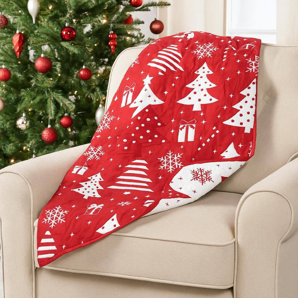 Benjara Daru Red and White Christmas Theme Polyester Throw Blanket ...