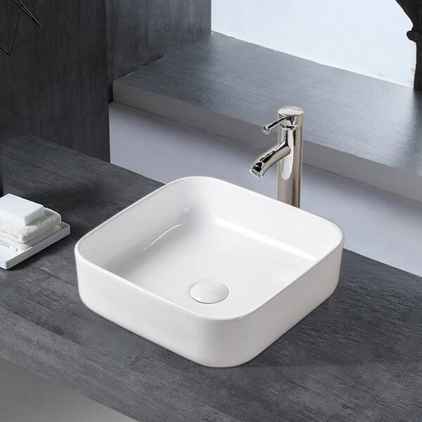 Satico 16 in. Ceramic Square Vessel Sink Top Mount Bathroom Sink Basin ...