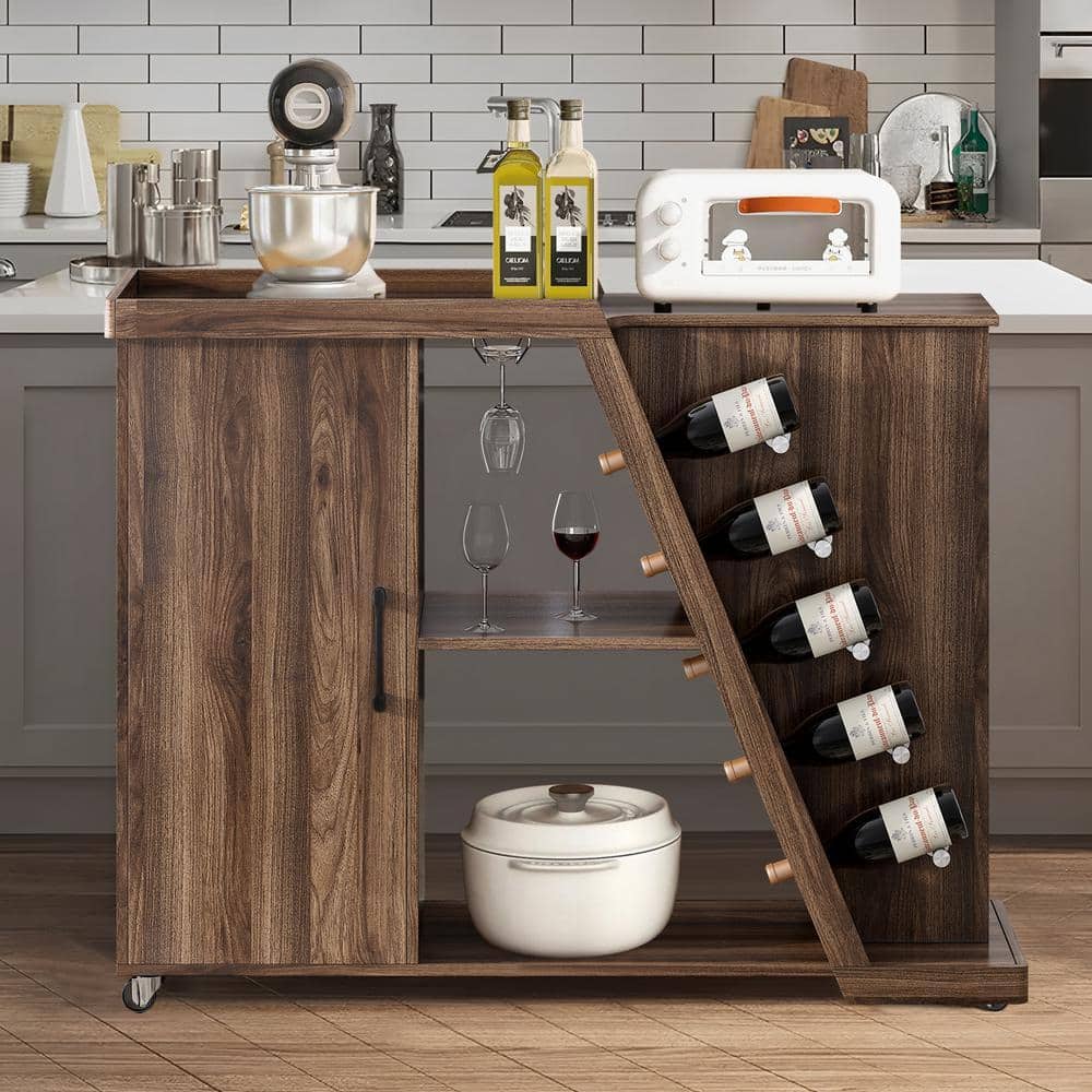 Zeus & Ruta Brown Wood Kitchen Cart on Wheels with Adjustable Shelf and ...
