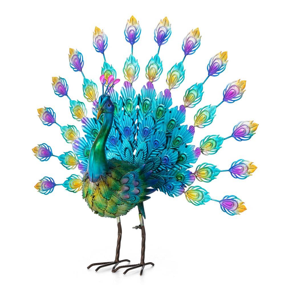 Glitzhome 28.75 in. W Metal Peacock Tail Spread Garden Statue with Stakes 2025400069 - The Home ...