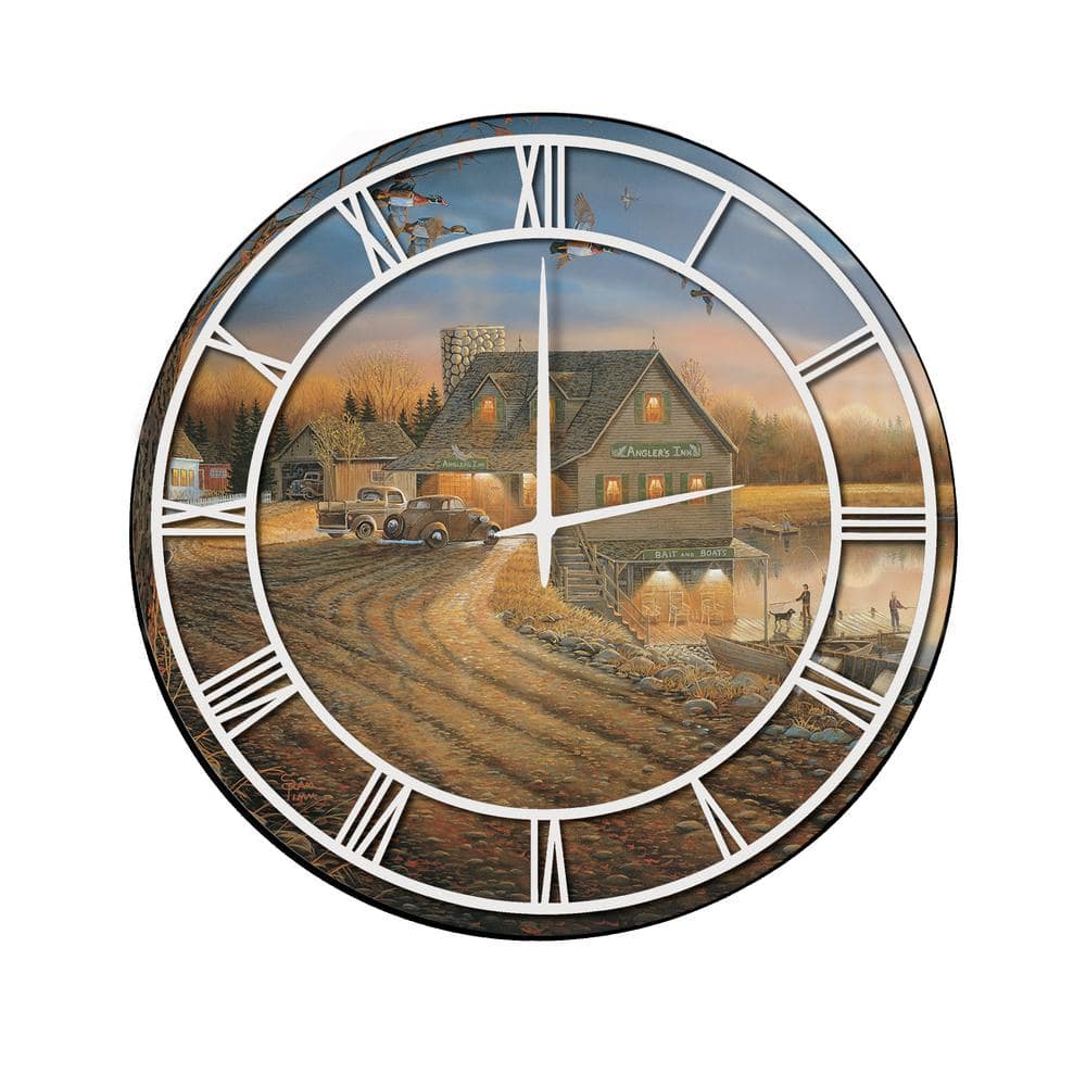 "Angler's Inn" Full Coverage Art and White Numbers Imaged Wall Clock CL ...