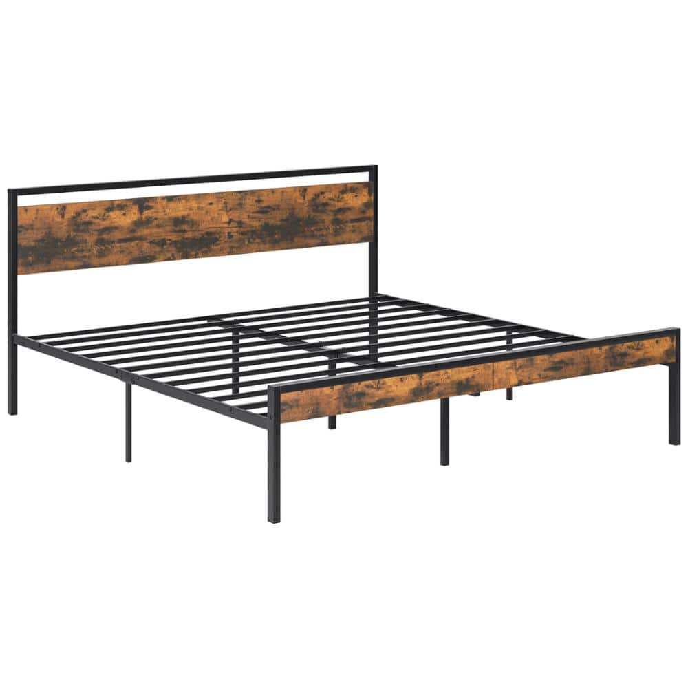 WONDER COMFORT Rust Brown Wooden Headboard Heavy Duty Metal Frame King ...