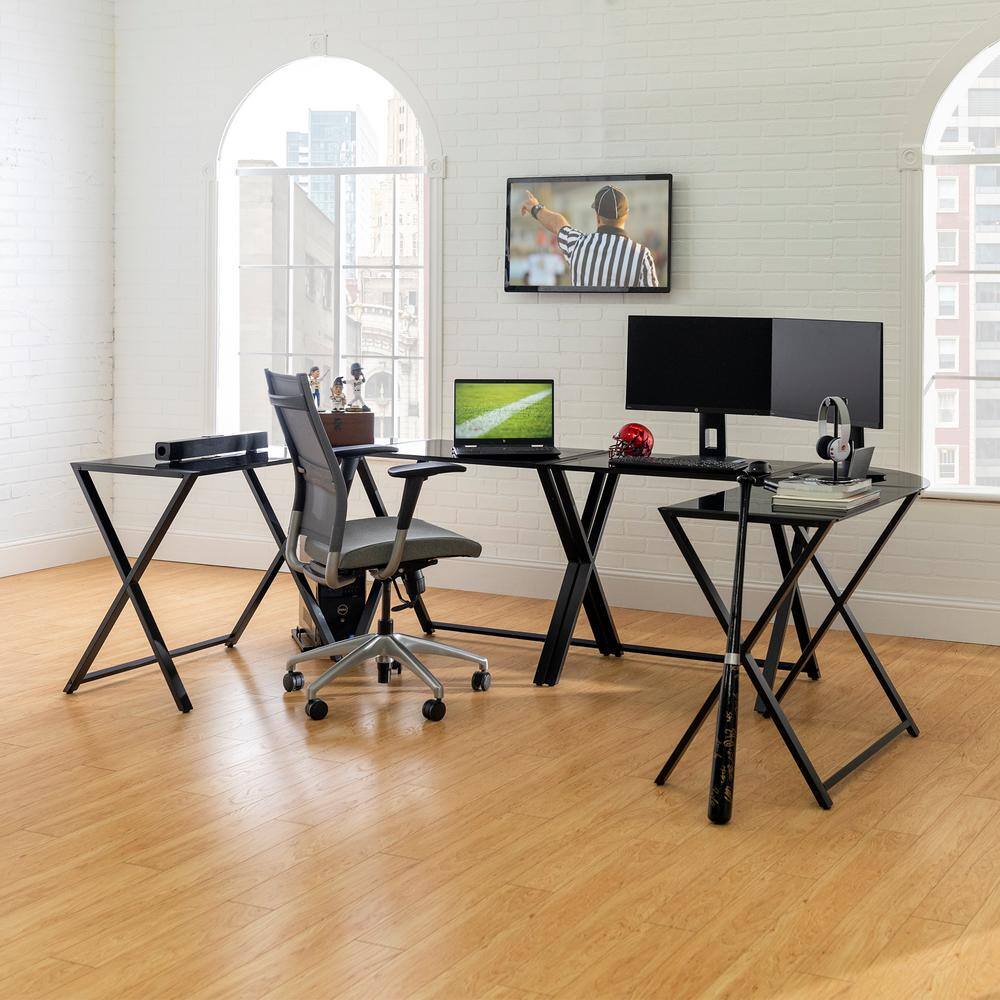 Welwick Designs 102 in. U-Shaped Black Metal Computer Desks with Glass ...