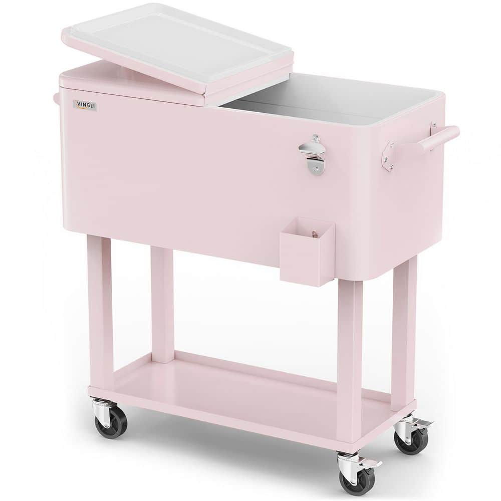 Karl home 80 qt. Pink Patio Rolling Ice Chest Cooler Cart With Bar ...