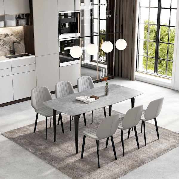 Magic Home 71 in. Rectangle Gray Round Edge Sintered Stone Top Black ...