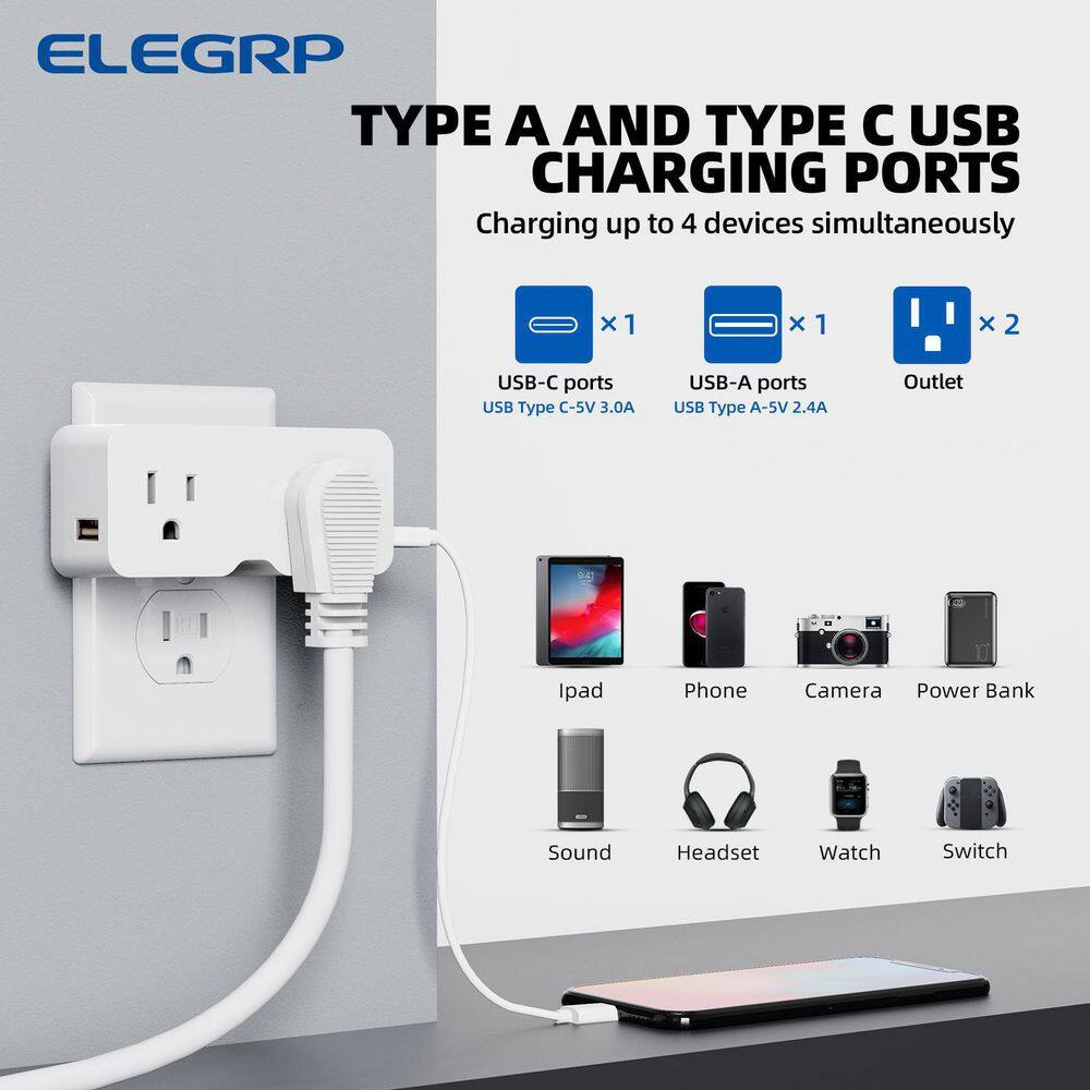 Buy 3 Prong Outlet Extender with Type C and Type A USB Wall Charger ...