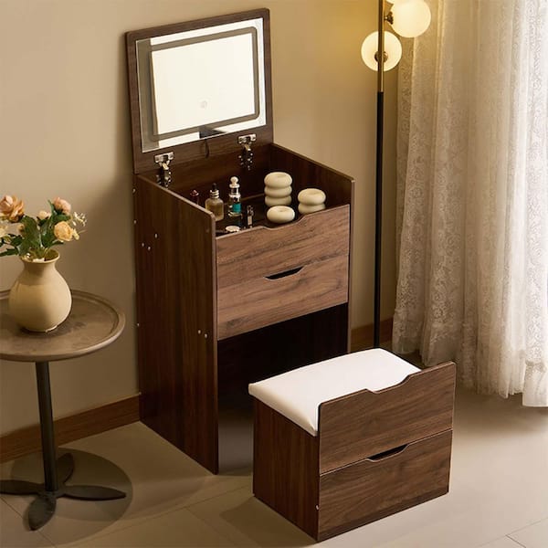 Walnut MDF 3 in 1 Vanity Set Vanity Desk with Flip Top Mirror Compact ...