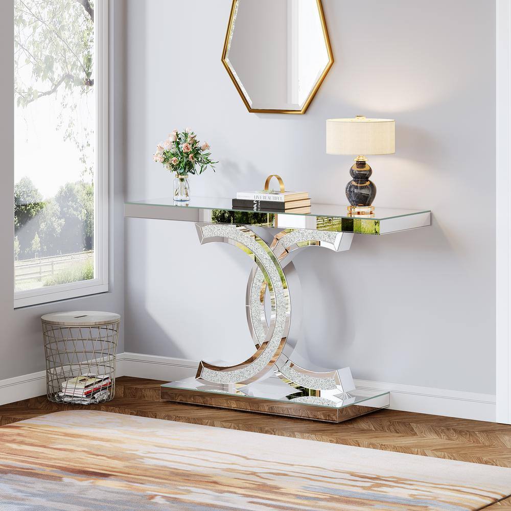 BYBLIGHT Turrella 39 in. Silver Rectangle Wood Console Table with ...