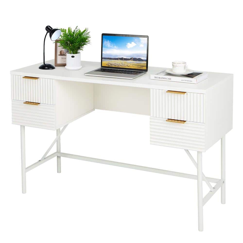 Costway 48 in. Rectangular White 4-Drawers Desk with Storage Metal ...